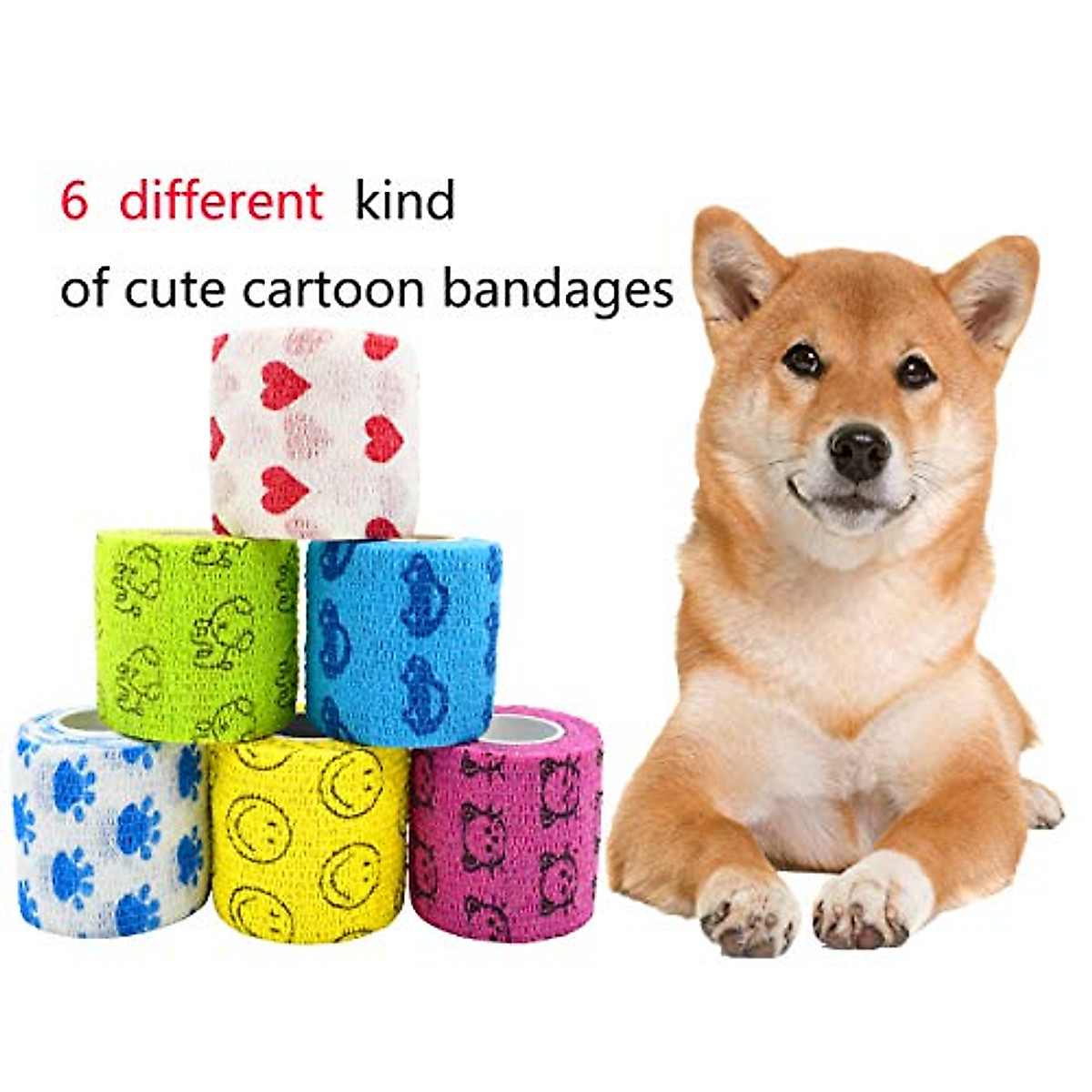 Stmandy Vet Tape wrap, wrap Bandage 2 inch 6 Rolls,Adhesive wrap Bandage for The Person or The Pets (cat,Dogs,Horse and Other Animal) who was injure or Have Wounds (Cartoon 6pcs)