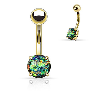 FIFTH CUE 14G Opal Glitter Prong Set Gold IP Over 316L Surgical Steel Belly Button Ring (synthetic opal) - Dark Green