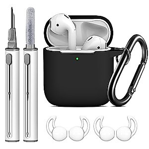 Foweroty for AirPods Case Cover with Cleaning Pen，Soft Silicone Protective Cover with Buckle for Women Men Compatible with Apple AirPods 2nd 1st Generation Charging Case, Front LED ，Black