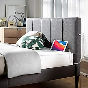 ZINUS Maddon Upholstered Platform Bed Frame with USB Ports / Mattress Foundation / Wood Slat Support / No Box Spring Needed / Easy Assembly, Grey, Queen