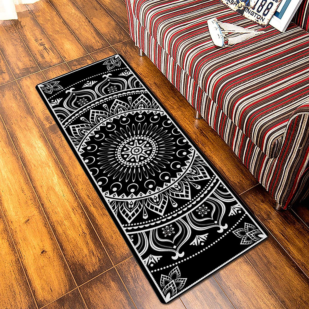 Mandala Antifatigue Kitchen Bath Door Mat Cushioned Runner Rug, Washable Welcome Floor Sink Mat, Abstract Floral Pattern Black Waterproof & Non-Slip Comfort Standing Doormat for Kitchen, 24"x36"