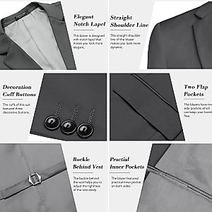 COOFANDY Mens Slim Fit Dress Suit Formal Business Blazer Wedding Prom Blazer Jacket Vest Pants (Dark Grey XS)