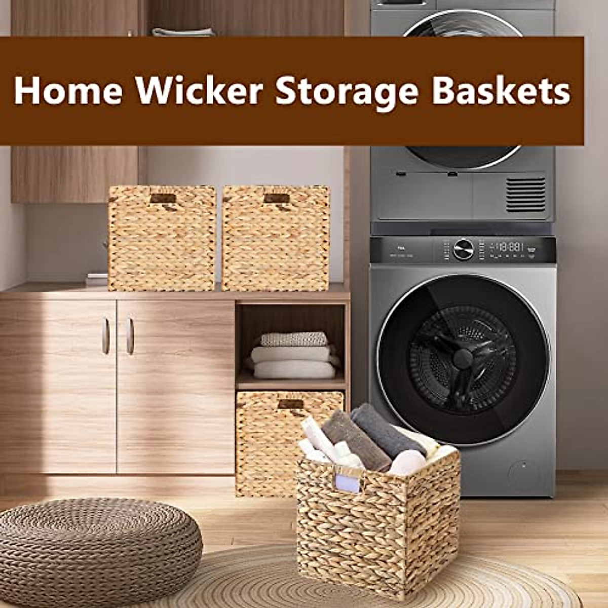 VK Living Foldable Handwoven Water Hyacinth Storage Baskets Wicker Cube Baskets Rectangular Laundry Organizer Totes for Bedroom, Living Room,Nursery Room, Shelves, Pantry 4 Pack 11.8x11.8x11.8inch