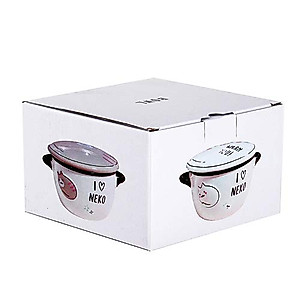 White and Brown Ceramic Japanese Bowl with Lid and Mini Handles, Neko Lucky Cat Microwavable Dish for Noodles and Rice, 5 3/4 Inches
