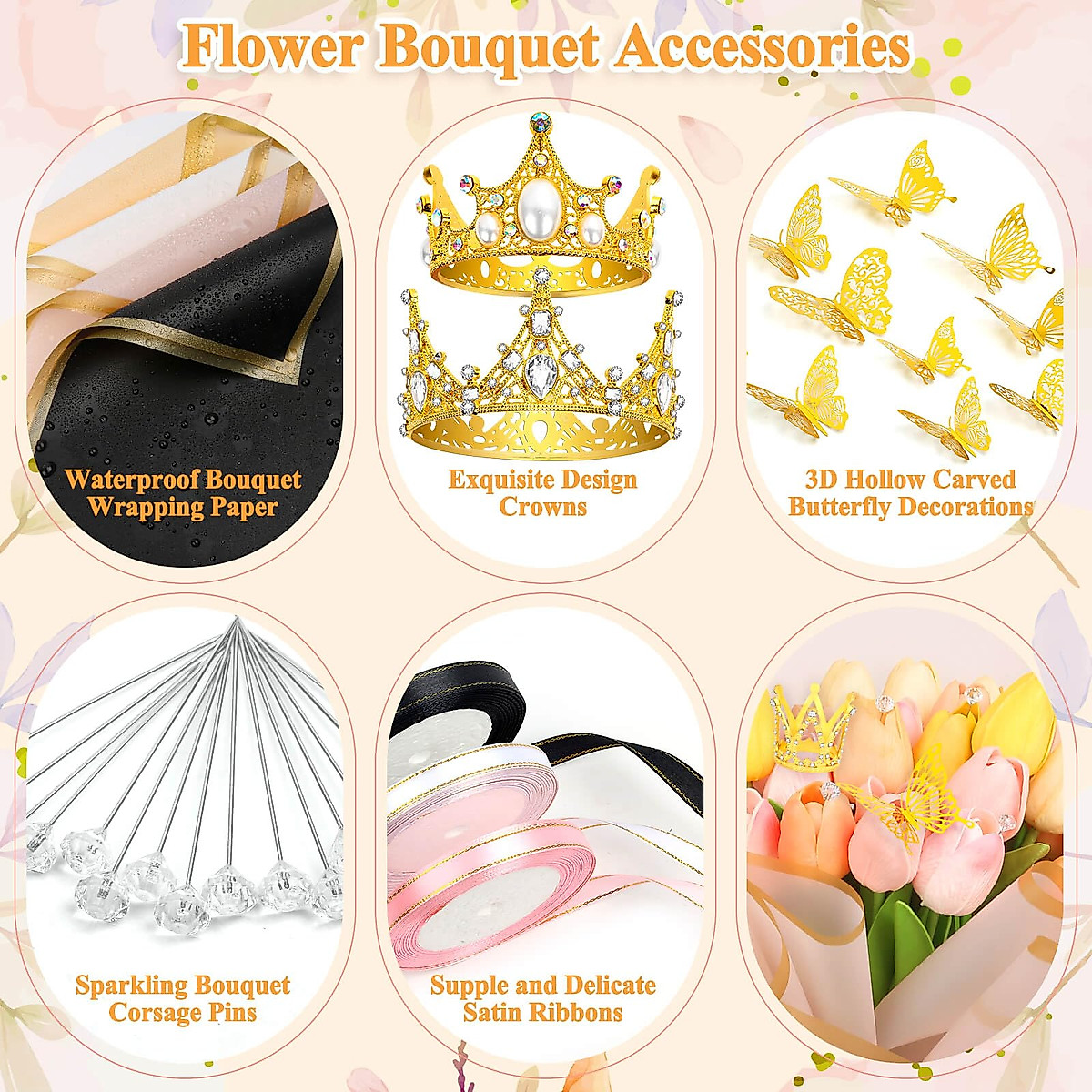 cridoz 195Pcs Flower Bouquet Accessories, 40 Floral Wrapping Paper, 4 Gold Crowns, 48 Butterfly Decorations, 100 Flower Pins and 3 Ribbons for Bouquets, Florist Supplies