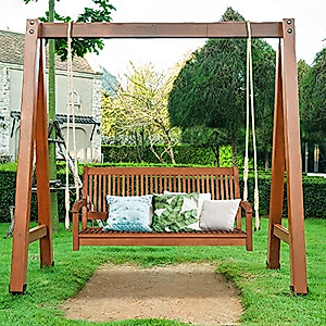 Happygrill Hanging Porch Swing 2-Seat Wooden Swing Bench with Cushion and Hanging Ropes, Outdoor Patio Swing for Garden and Backyard