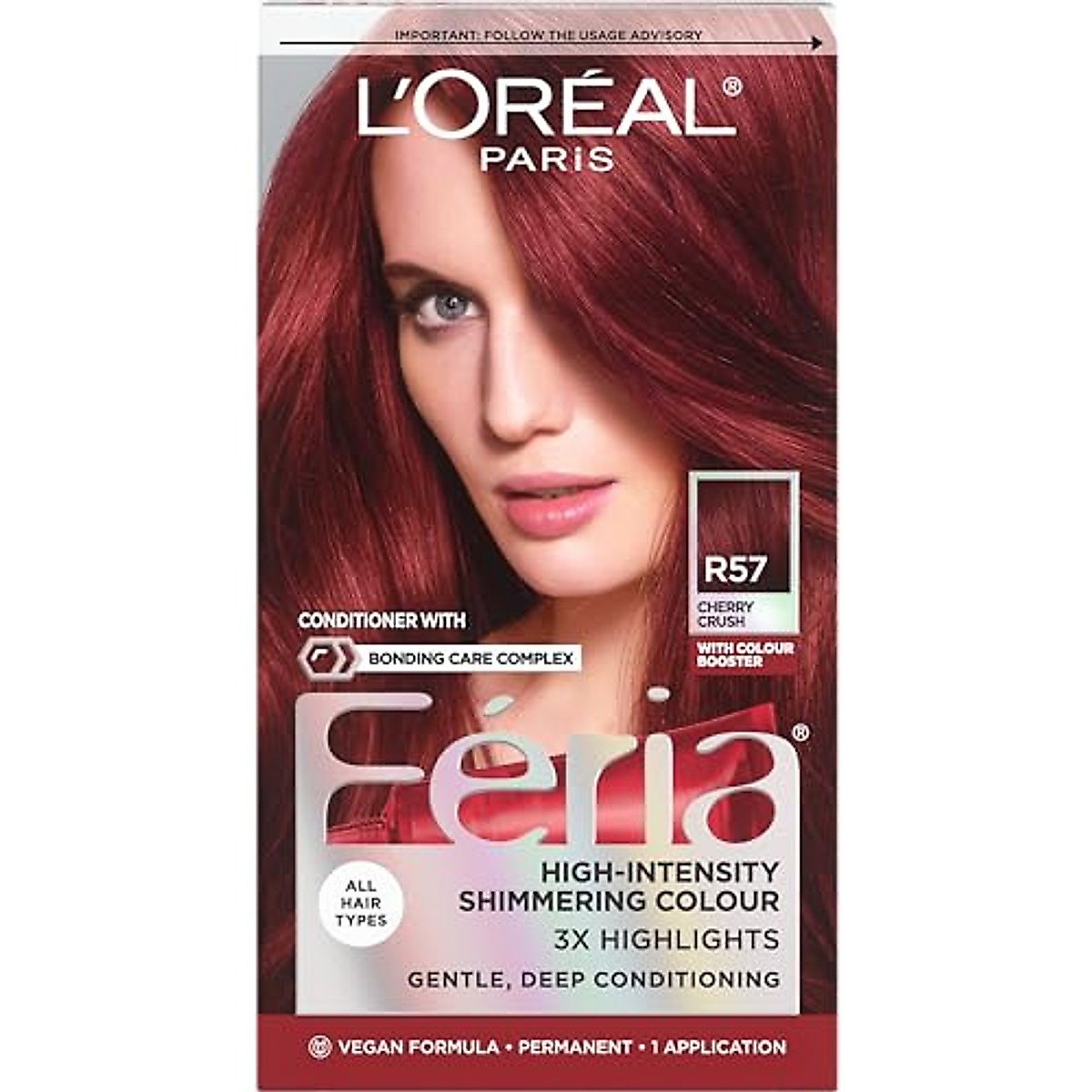 L'Oreal Paris Feria Multi-Faceted Shimmering Permanent Hair Color, R57 Cherry Crush (Intense Medium Auburn), Pack of 1, Hair Dye
