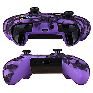 YoRHa Water Transfer Printing Skull Silicone Cover Skin Case for Microsoft Xbox One X & Xbox One S Controller x 1(Purple) with PRO Thumb Grips x 8