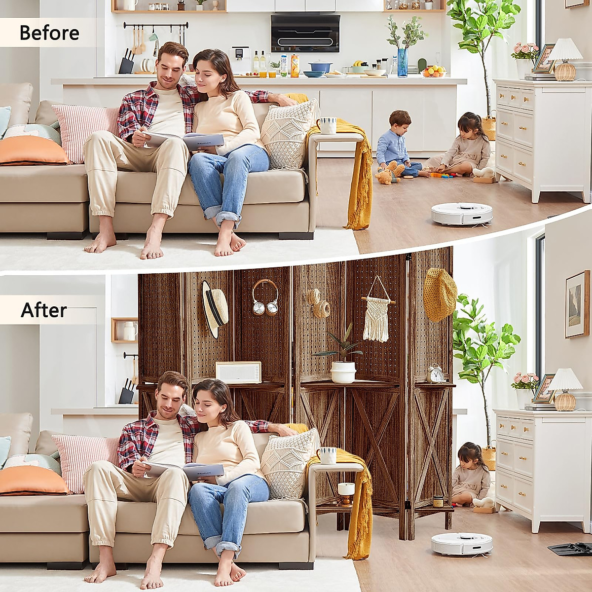 ALeesing 6 Panel Pegboard Display with 24 Hooks, Wooden Pegboard Room Divider Wall with Shelf, Rustic Room Dividers and Folding Privacy Screens, Bedroom, Jewelry Store, Brown