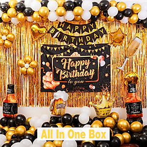 Birthday Party Decoration for Men Gold Curtains Birthday Backdrop Banner and Balloons Set Party Supplies with String Light for Men and Women Birthday Party
