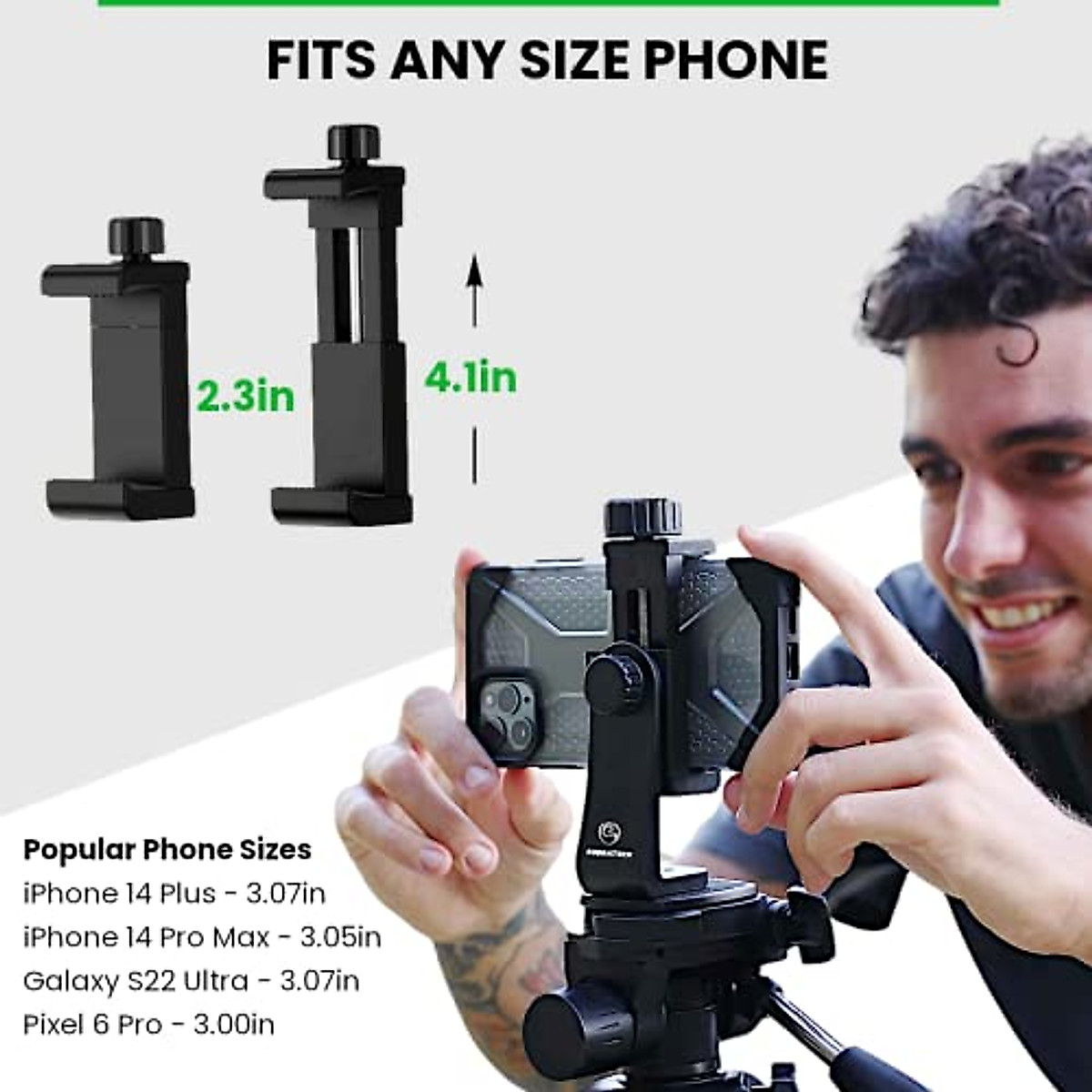 KobraTech Cell Phone Tripod Mount Adapter with Bluetooth Remote | Fits Any Size Smartphone Including iPhone 14 Plus, Pro Max, S23 Ultra and More | iPhone Tripod Mount Holder with Built-in Cold Shoe