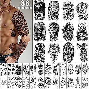 Yazhiji 36 Sheets Temporary Tattoos Stickers, 12 Sheets Fake Body Arm Chest Shoulder Tattoos for Men or Women with 24 Sheets Tiny Black