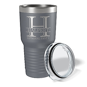 Personalized 30oz (17 Colors) Powder Coated Insulated Stainless Steel Tumbler with Lid, Custom Etched, Customized Engraved Gift Idea for Women Men Her Him, Halpert Monogram Initial Name (Gray)
