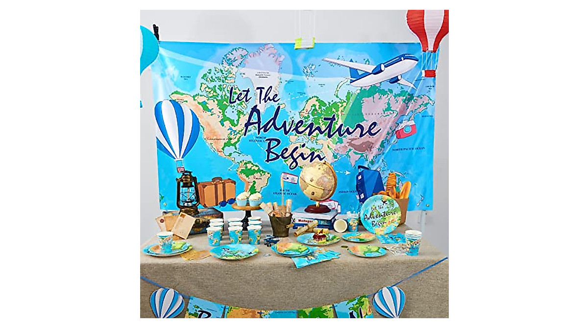 Bon Voyage Travel Party Backdrop - Adventure Awaits Decor