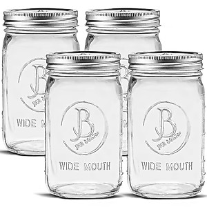 Wide Mouth Mason Jars 32 oz - (4 Pack) - Clear Glass Quart Mason Jars With Airtight Lids and Bands. For Storage, Canning, Fermenting, Meal Prep, Cold Brew Coffee, Freezing, Microwave & Dishwasher Safe