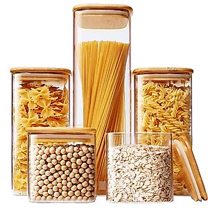 HomArtist Square Glass Jars with Bamboo Lids [Muti Size Set of 5], Glass Canisters with Airtight Lids, Glass Food Storage Containers for Pasta, Cereal, Flour, Sugar, Best for Kitchen & Pantry