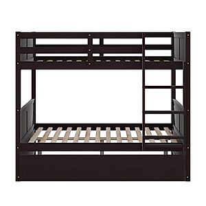 RUNWON Solid Wood Full Over Full Bunk Bed with Trundle and Ladder for Kids Adults Bedroom,Can be Split into Two Separate Beds