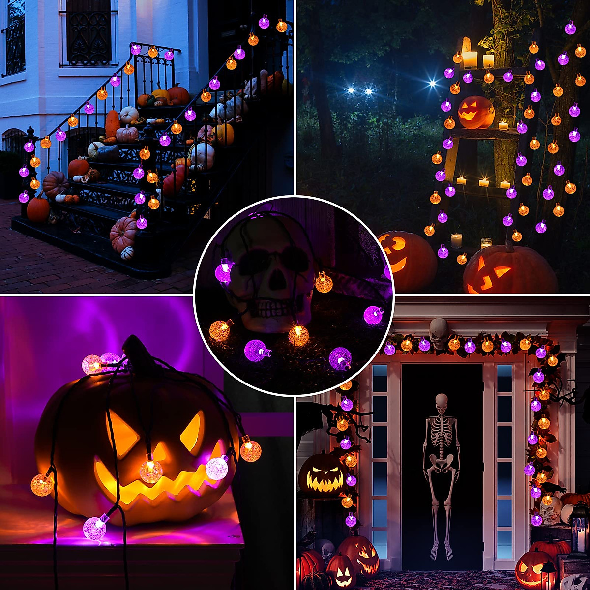 Lomotech Orange Purple Solar Halloween Lights, 72FT 100 LED Halloween Globe Lights, 8 Modes Waterproof Halloween Lights for Halloween Decoration