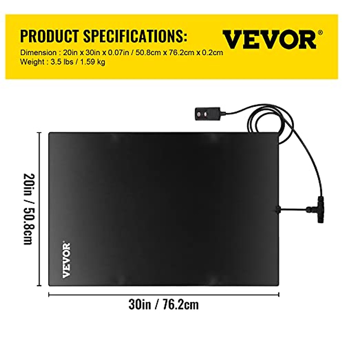 VEVOR, 20in x 30in Walkway, 120V Ice, PVC Heated 6ft Power Cord, Slip-Proof, Ideal Winter Outdoor Snow Mat, 2'' per Hour Melting Speed, Black