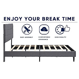 Yone jx je Platform Bed Frame with Fabric Upholstered Headboard and Mattress Foundation Wooden Slats Support, Fabric Upholstered Platform Bed Frame, No Box Spring Needed (Gray, Queen Size)