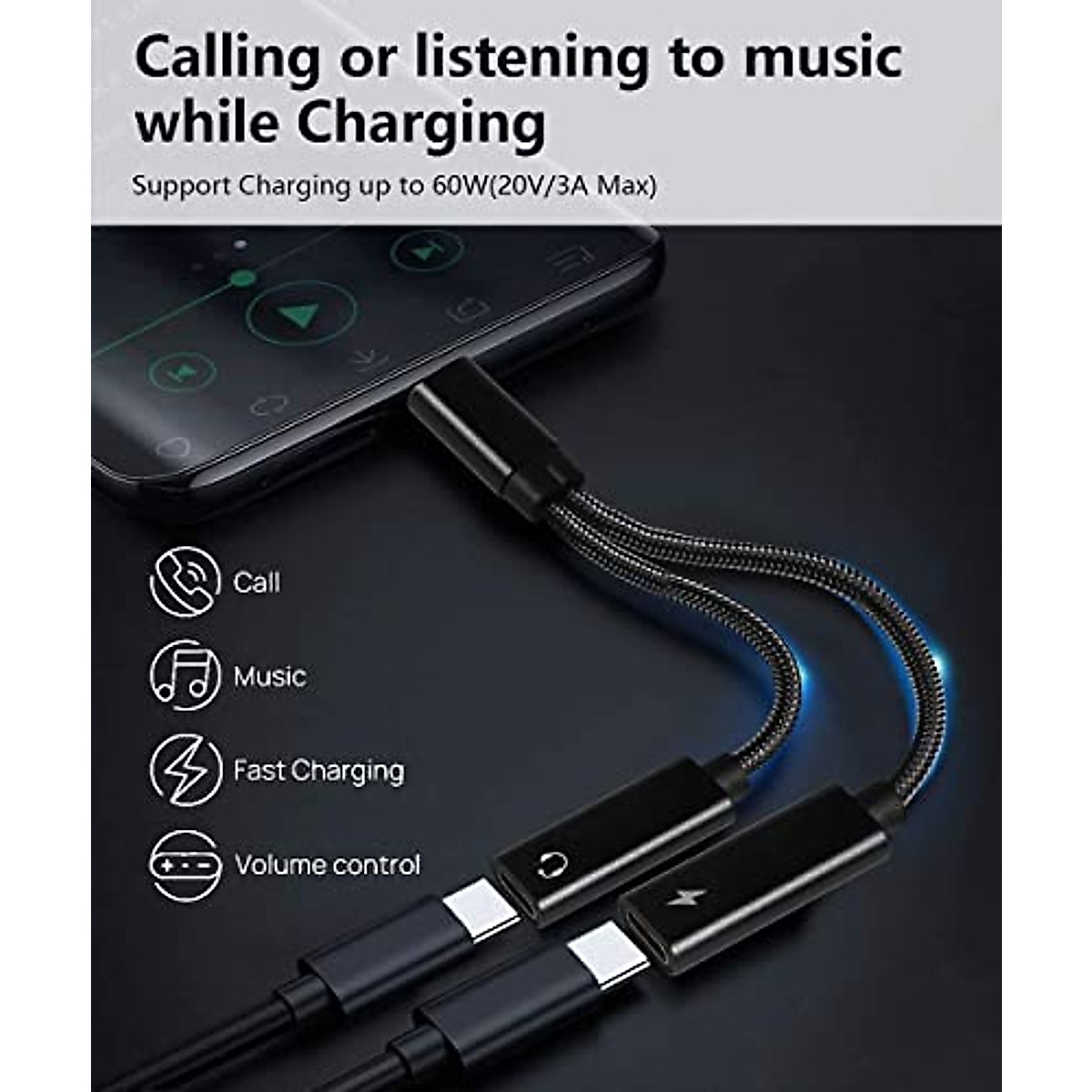 USB C Splitter, Dual USB C Headphones and Charger Adapter with PD 60W Fast Charging for Pixel 3 4 5 6 7 XL,Samsung Galaxy S23 S22 S21 S21+ Note 20/Note 10/10+ and More