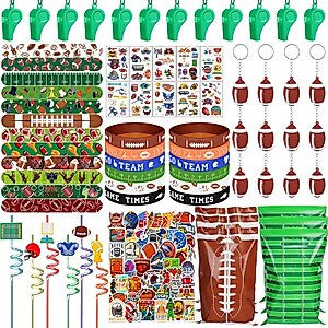 134 Pcs Football Party Favors Set 12 Silicone Bracelet 12 Whistles 12 Keychains 12 Slap Bracelet 12 Tattoo Stickers 12 Plastic Straws 12 Gift Bags 50 Football Stickers for Football Party Supplies