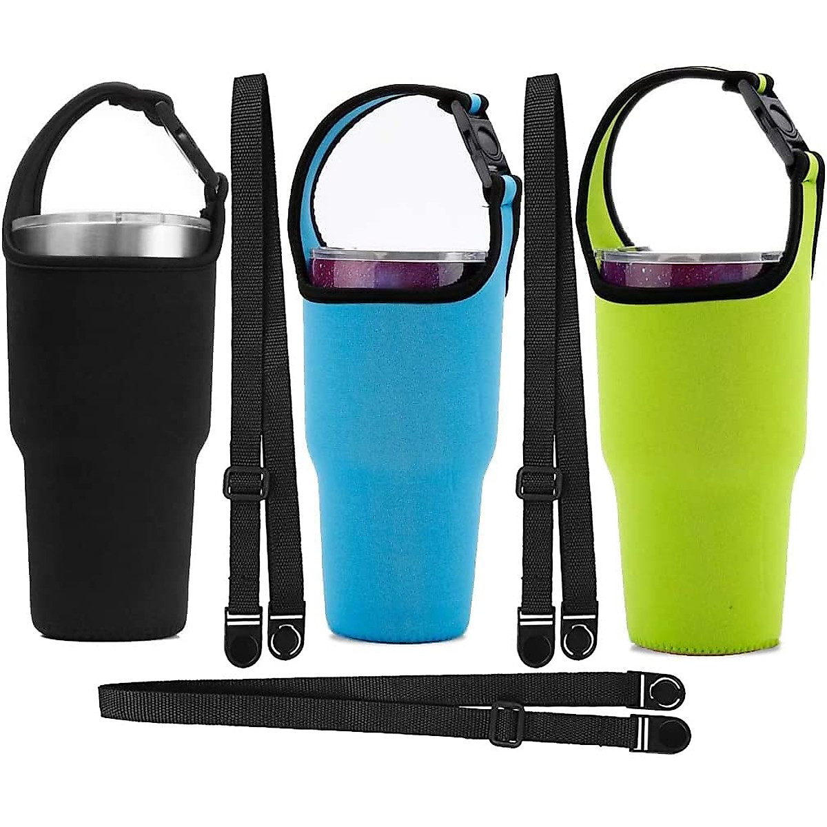 3 PackTumbler 30oz Carrier Holder Pouch with Shoulder Strap for YETI, Rtic, Atlin, Ozark Trail, Rambler 30 oz Insulated Tumbler Coffee Cup, Neoprene Sleeve with Carrying Handle - Black Blue Green