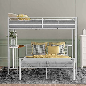 ATY Metal Bunk Beds Twin Over Full Size, L Shaped Steel Bedframe w/Desk & Built-in Ladder and Full-Length Guardrail, No Box Spring Needed, White