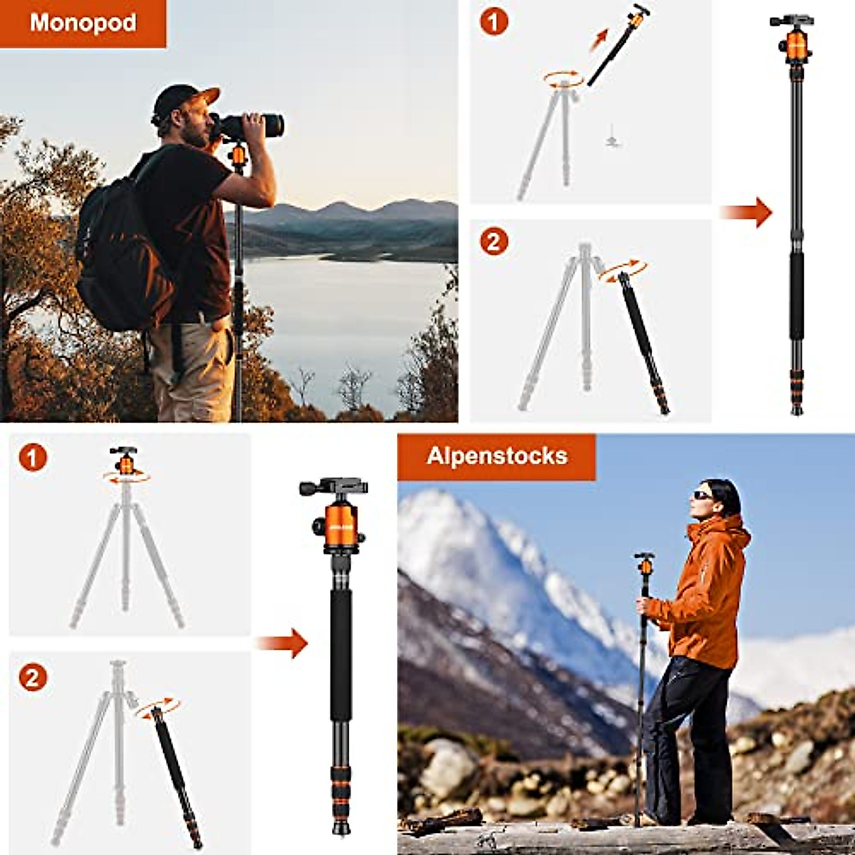 Camera Tripod, 80/84 inches Heavy Duty Tripod for Camera and Phone, 82" Camera Monopod Tripod, DSLR Binoculars Spotting Scope Camcorders Video Tripod Stand, 360 Degree Ball Head, 35 lbs Loads