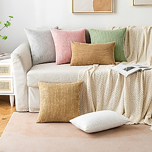 EMEMA Throw Pillow Covers Corduroy Decorative Soft Striped Square Cushion Covers Spring Pillowcases for Couch Sofa Bedroom Chair Car 18x18 Inch Pack of 2, White