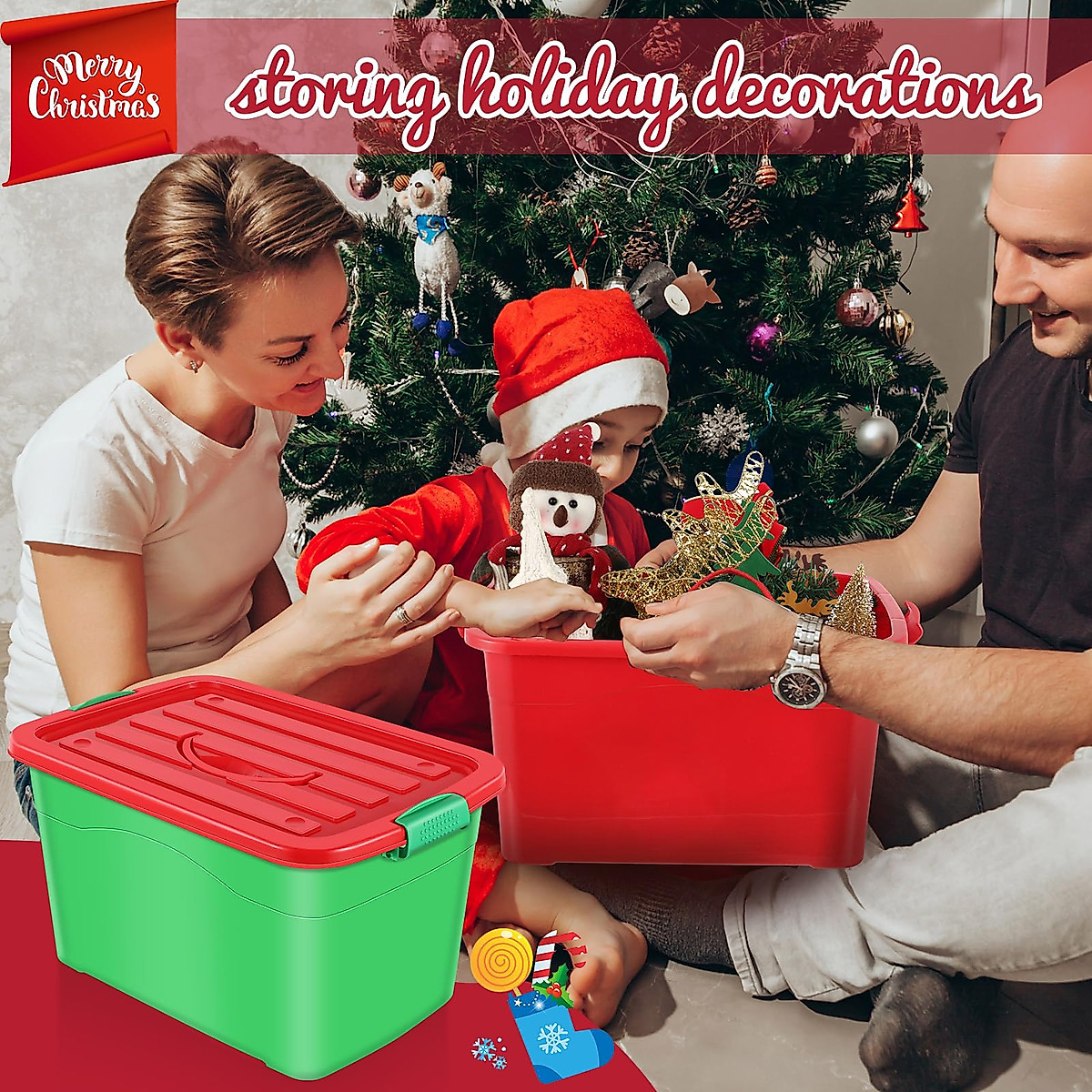 Abbylike 33 Quarts Christmas Storage Bin Holiday Seasonal Storage Totes with Lids Red Green Christmas Ornament Storage Containers for Christmas Home Organization Holiday Decoration(4 Packs)