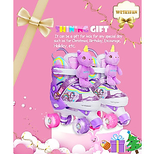 Unicorn Doll Kids Toddler Roller Skates for Girls,WESKIFAN Quad Skating Shoes With Shiny Light up Wheels&Adjustable Sizes Beginners rollerskates for Birthday Xmas Gifts,Patines para Niñas Niños