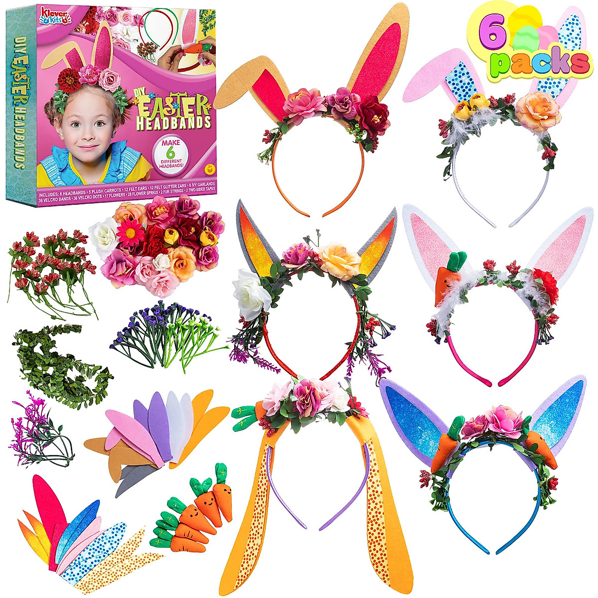 Klever Kits 6 Packs Easter Bunny Headbands Craft Kits Easter Rabbit Bunny Ears Flower Crown Headbands for Kids, Make Your Own Headband for Girls Easter Arts & Crafts Party Supplies, Easter Decorations