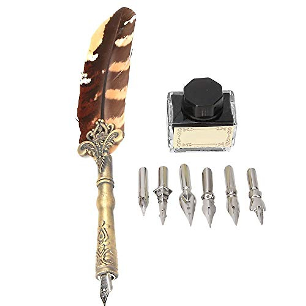 Wal front Quill Pen, European Retro Style Dip Pen Calligraphy Pen Set with 5pcs Stainless Steel Nibs Office Writing Instrument