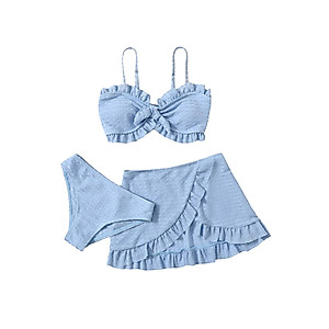 SHENHE Girl's 3 Piece Cute High Waisted Ruffle Trim Swimsuit Bikini Sets with Beach Skirt Light Blue 10Y