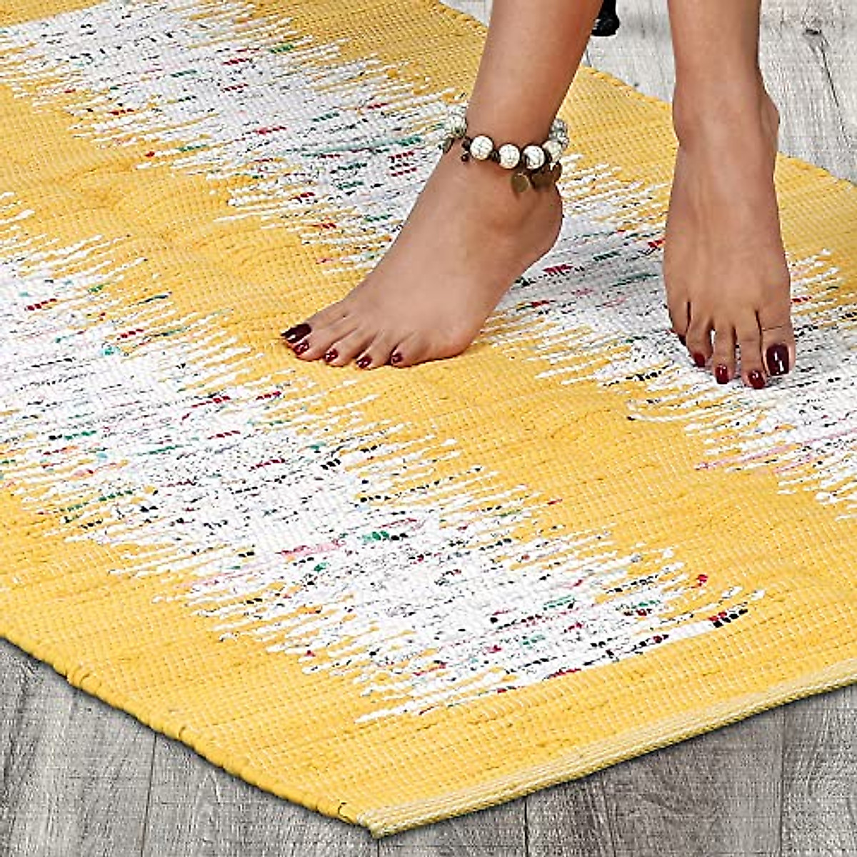 SAVON Hand Woven Cotton Flatweave Area Rug 6x2 Woven Mustard Ikat Boho