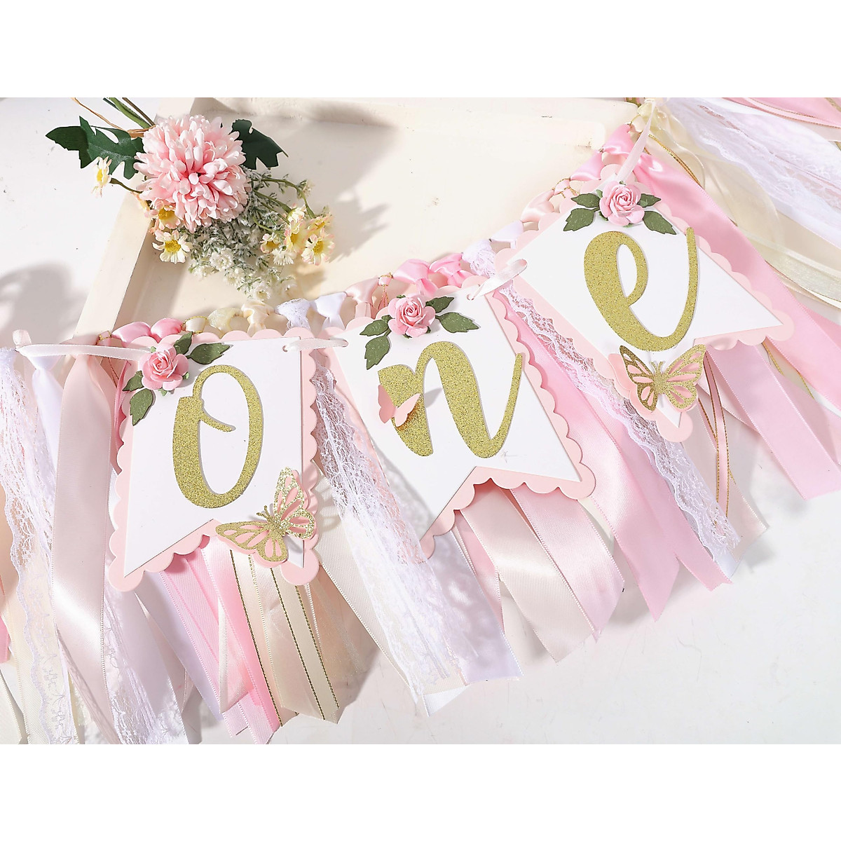 Pink and Gold High Chair Banner- Floral and Butterfly One Highchair Banner, 1st Birthday Party Decoration for Girls, Pink 1st Birthday Decor