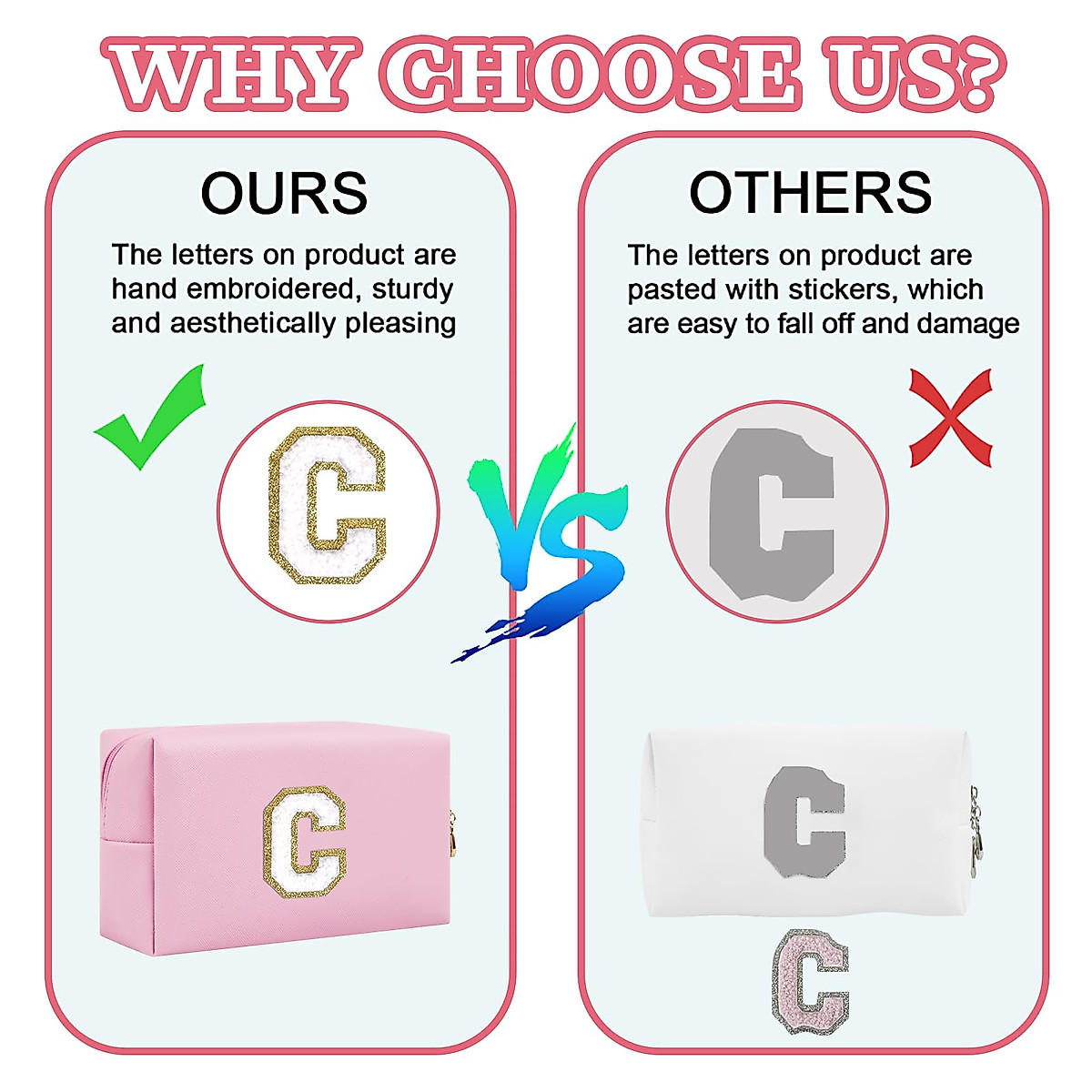 Personalized Initial Letter Patch Makeup Bag, Preppy Portable Chenille Letter Cosmetic Bag with Zipper, PU Leather Waterproof Travel Toiletry Bag Monogram Make Up Pouch for Women Girls(Letter A)