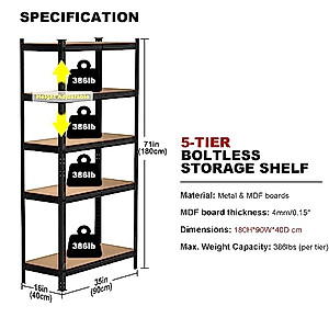 Vandise Heavy Duty Storage Rack 5 Tier Full-Size Metal Storage Shelving Unit, 386lbs Capacity per Shelf, Great for Kitchen, Office, and Garage Storage, 71H x 35W x 16D inch, Black