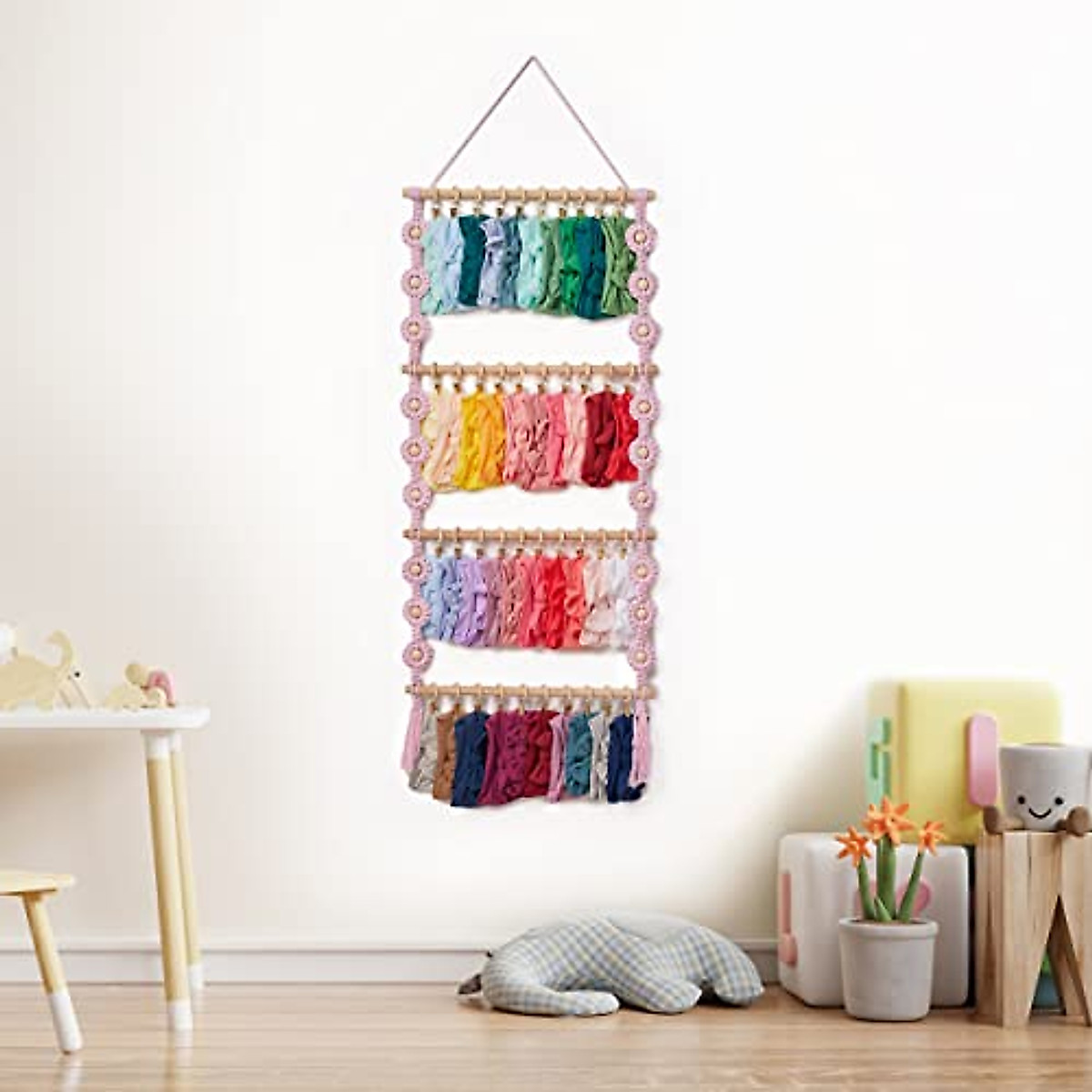 Mokof Headband Holder for Baby Girls, Macrame Daisy Flower Headbands and Bows Rack, Hanging Storage Organizer Newborn Headbands, Bows, Boho Nursery Wall Decor (Pink, 4 Rods, Holds 40 headbands)