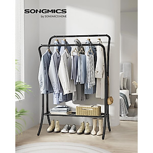 SONGMICS Clothes Rack, Clothing Rack with Shelves, Garment Racks Heavy Duty, Double Rod Clothes Rack with 6 Hooks, Clothes Storage and Display, for Living Room, Bedroom, Ink Black UHSR109B01