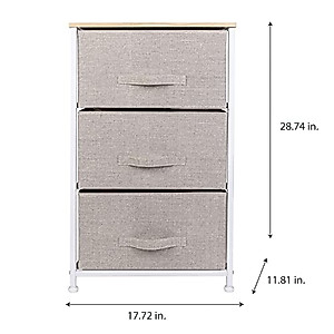 Simplify 3 Tier Vertical Storage Chest | Dresser | Nightstand | Fabric Drawers | Sturdy Steel Frame | Organizer | Bedroom | Closet | Easy to Assemble | Beige