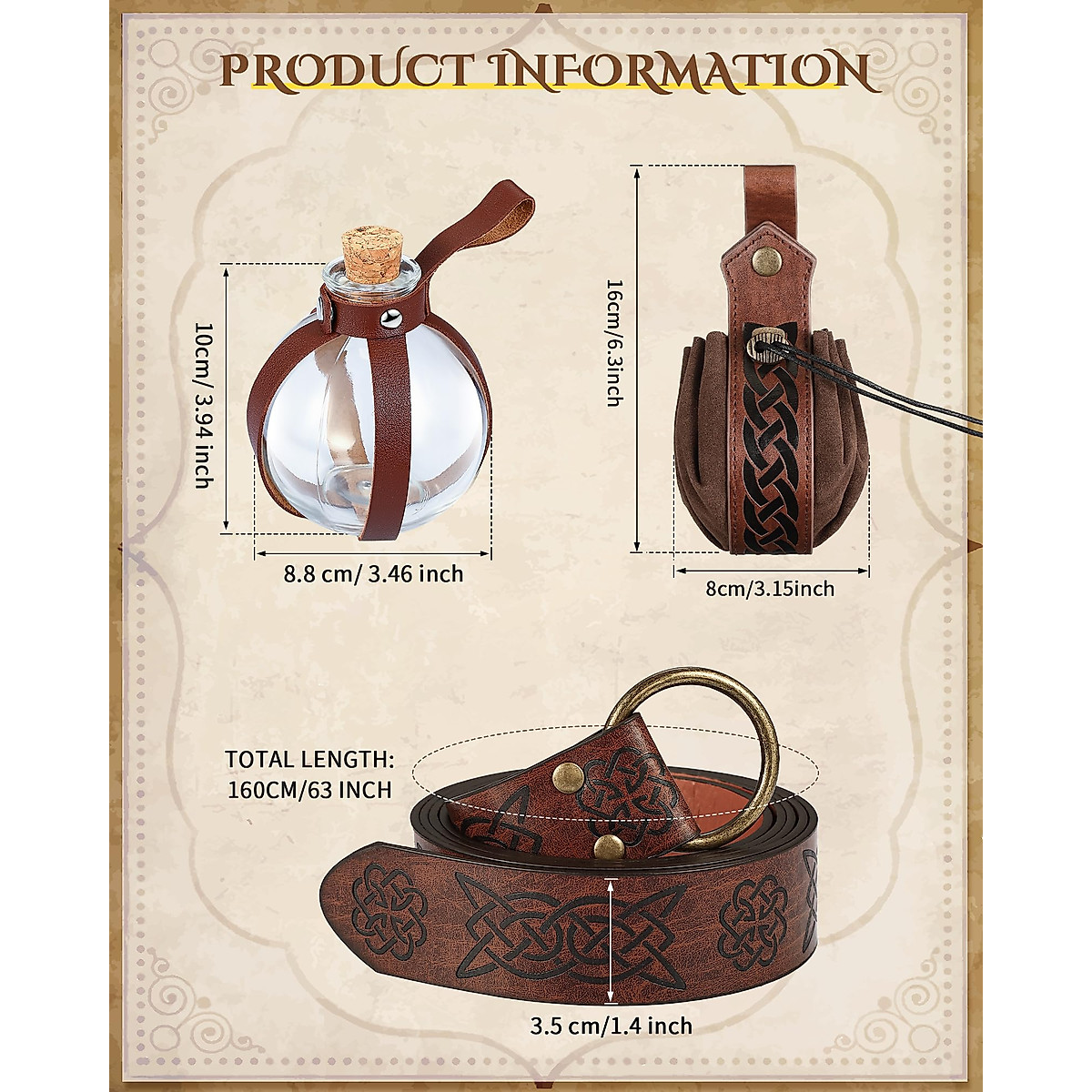 ramede 6 Pcs Women Renaissance Accessories Medieval Leaf Leather Belt Pouch Viking Corset Belt Potion Bottle Leaf Arm Guards(Fit Waist Size 25''-29'',Medieval Style,Brown)