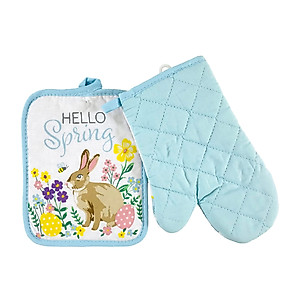 Easter Spring Kitchen Dish Towels Pot Holder Oven Mitt Set, 5c: Blue Gingham Country Bunny in Spring Flowers (Country Blue)