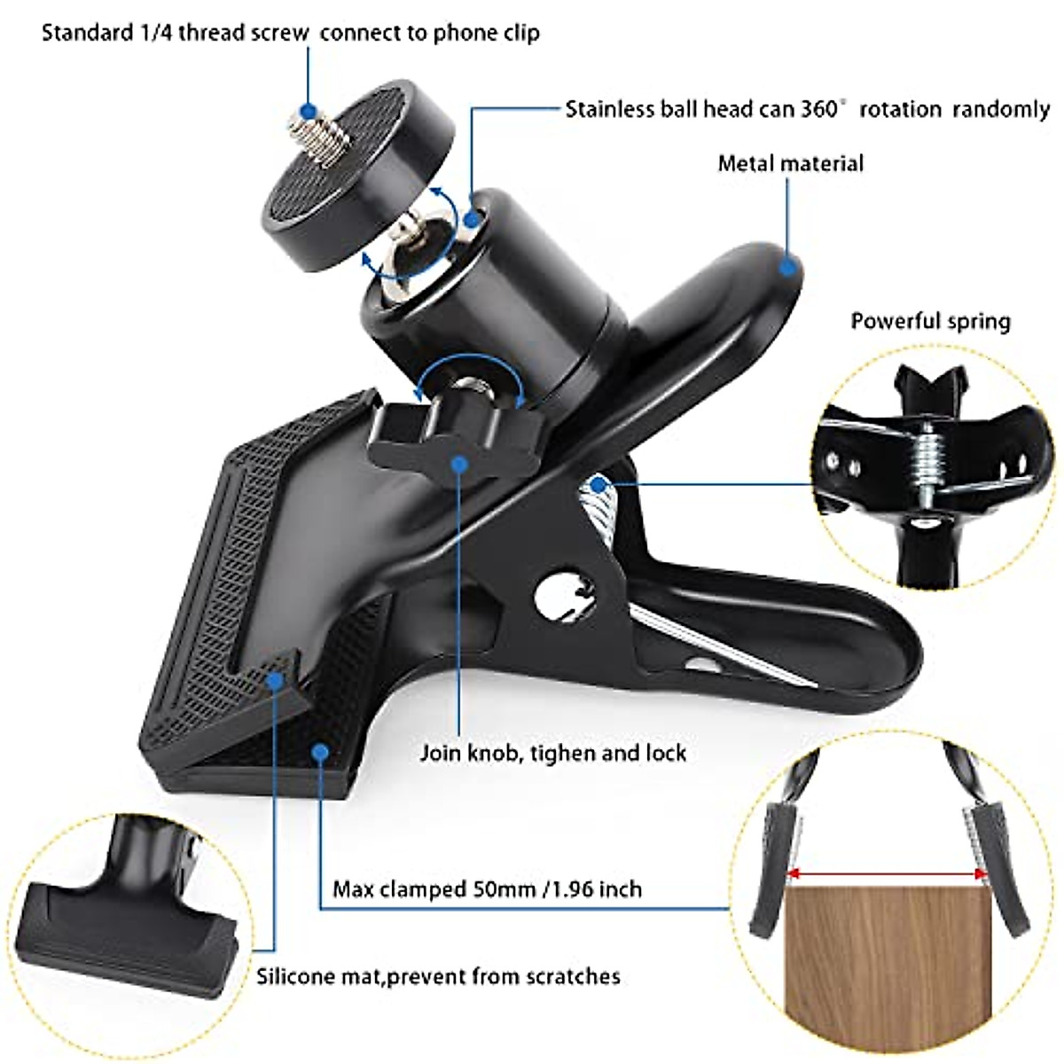 Mippko Clip Clamp Phone Holder,Compatible with 3.5~7.5 inch iPhone/Samsung Galaxy/Nexus/HTC/LG/Huawei/Smart Phones, 360°Adjustment Mount No Any Tools Drilling