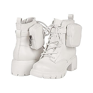 Kassie Daniela ~ Pouch ~ Kids Lug Sole Mid Shaft Chunky Heel Fashion Combat Lace up Bootie W/Side Zipper & Pouch Girl Boots (WHITE, 1)
