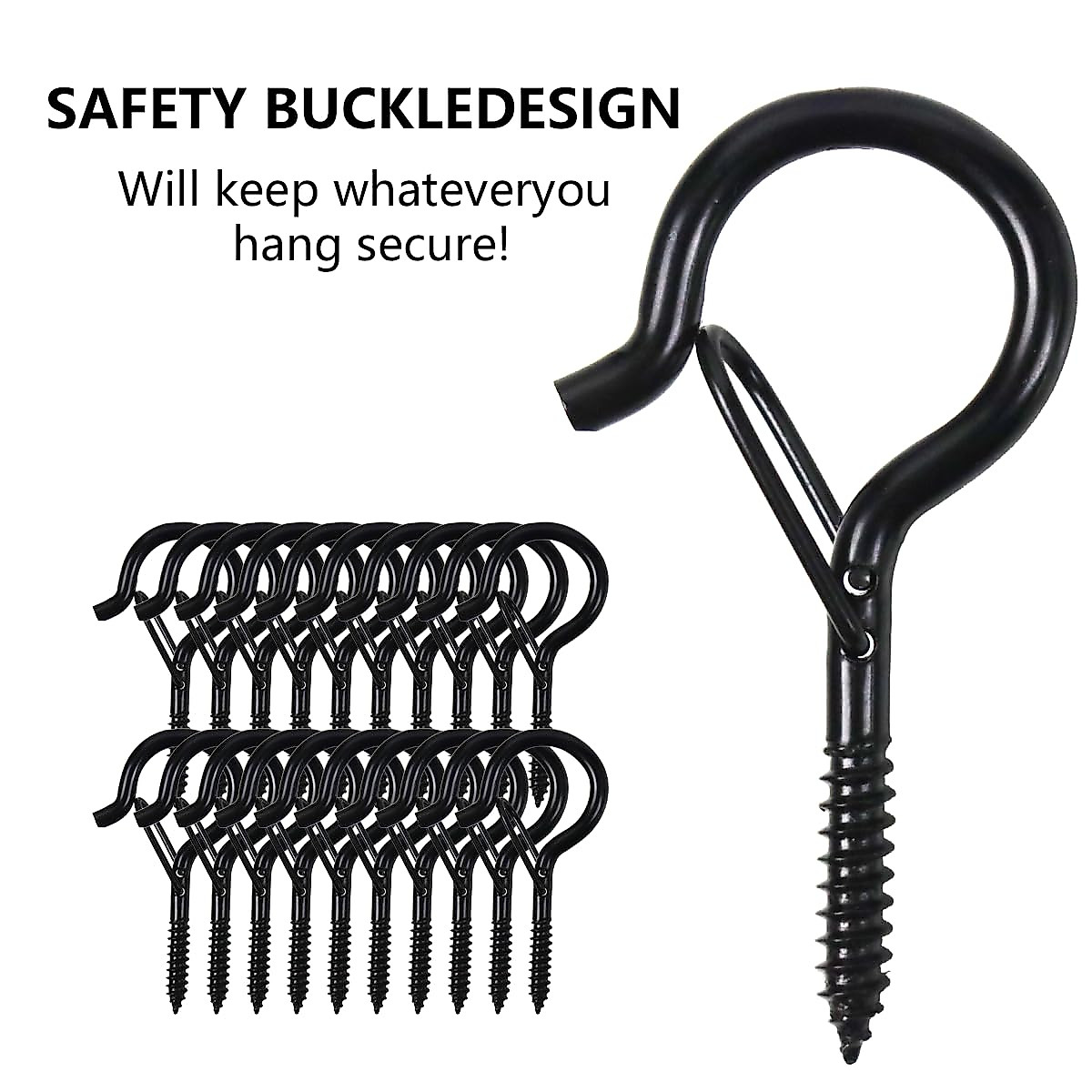 Larmstom Black Screw Hooks, 10 Pack Heavy Duty Vinyl Coated Hanging Hooks with Safety Buckle & Expansion Tube for Kitchen/Home/Outdoor/Indoor