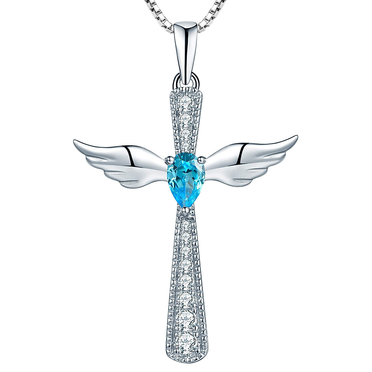 YL Cross Necklace 925 Sterling Silver Angel Wings Pendant Teardrop Created Aquamarine Criss Jewelry for Women