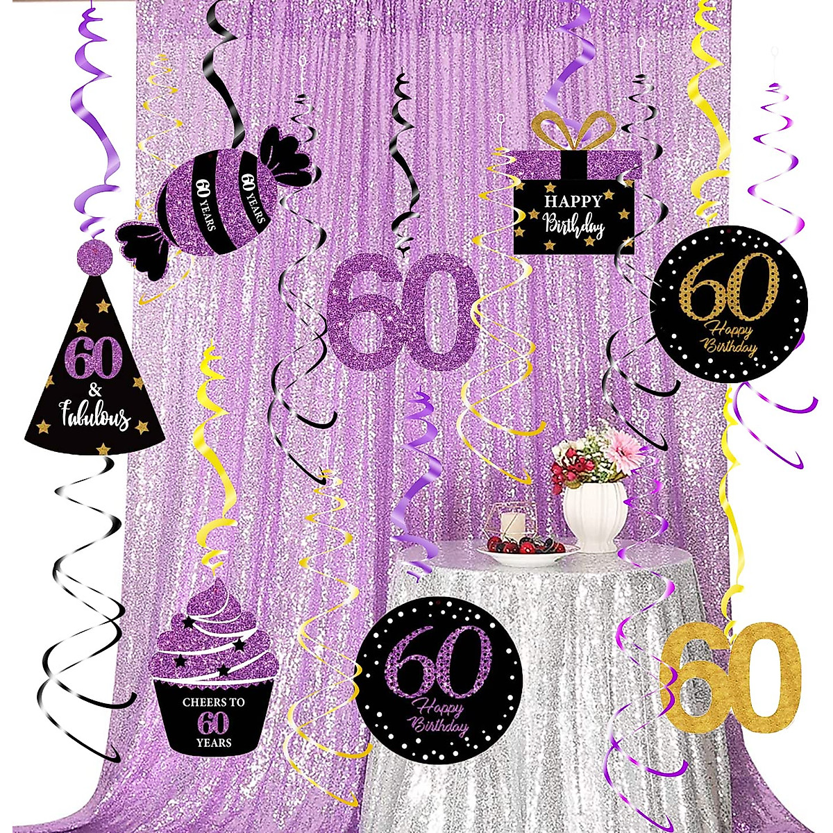 60th Birthday Decorations for Women Purple Black Gold 60 Birthday Party Decor – Foil Hanging Swirls/Women 60th Birthday Party Decorations