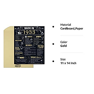 90th Birthday Decorations for Men Women 90th Birthday Gift for Him Back in 1933 Poster Decor Black and Gold 11 x 14 inch 90 Years Ago Decor(Back in 1933)